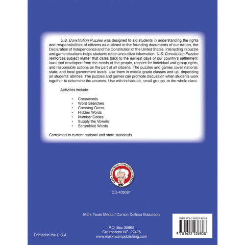 U.S Constitution Puzzles Workbook Grade 5-12 Carson-Dellosa Educati...