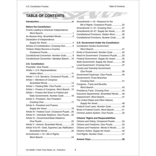 U.S Constitution Puzzles Workbook Grade 5-12 Carson-Dellosa Educati...